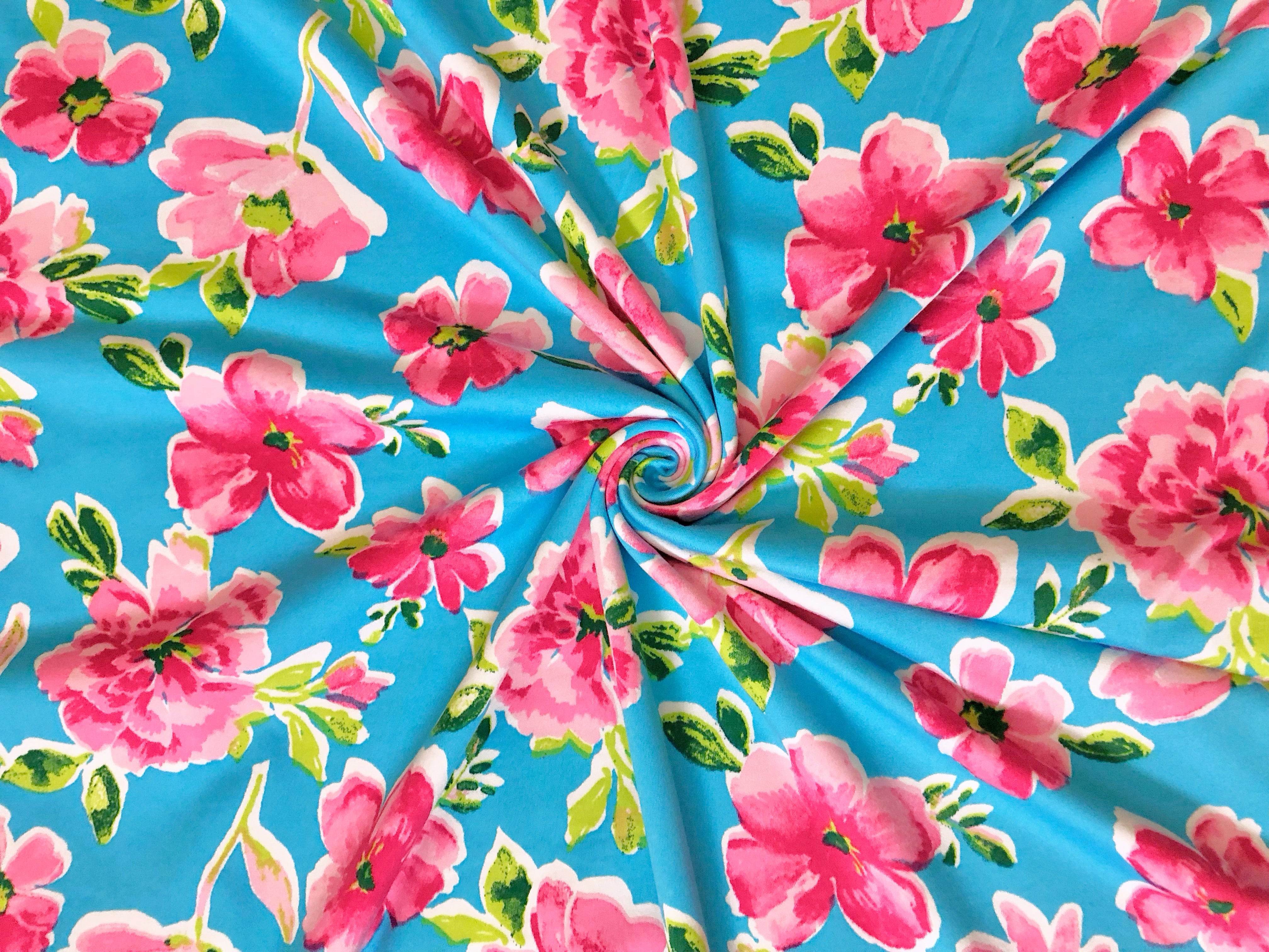 DTY Brushed Knit Fabric – Caribbean Rose Bouquet (Aqua Blue & Pink ...