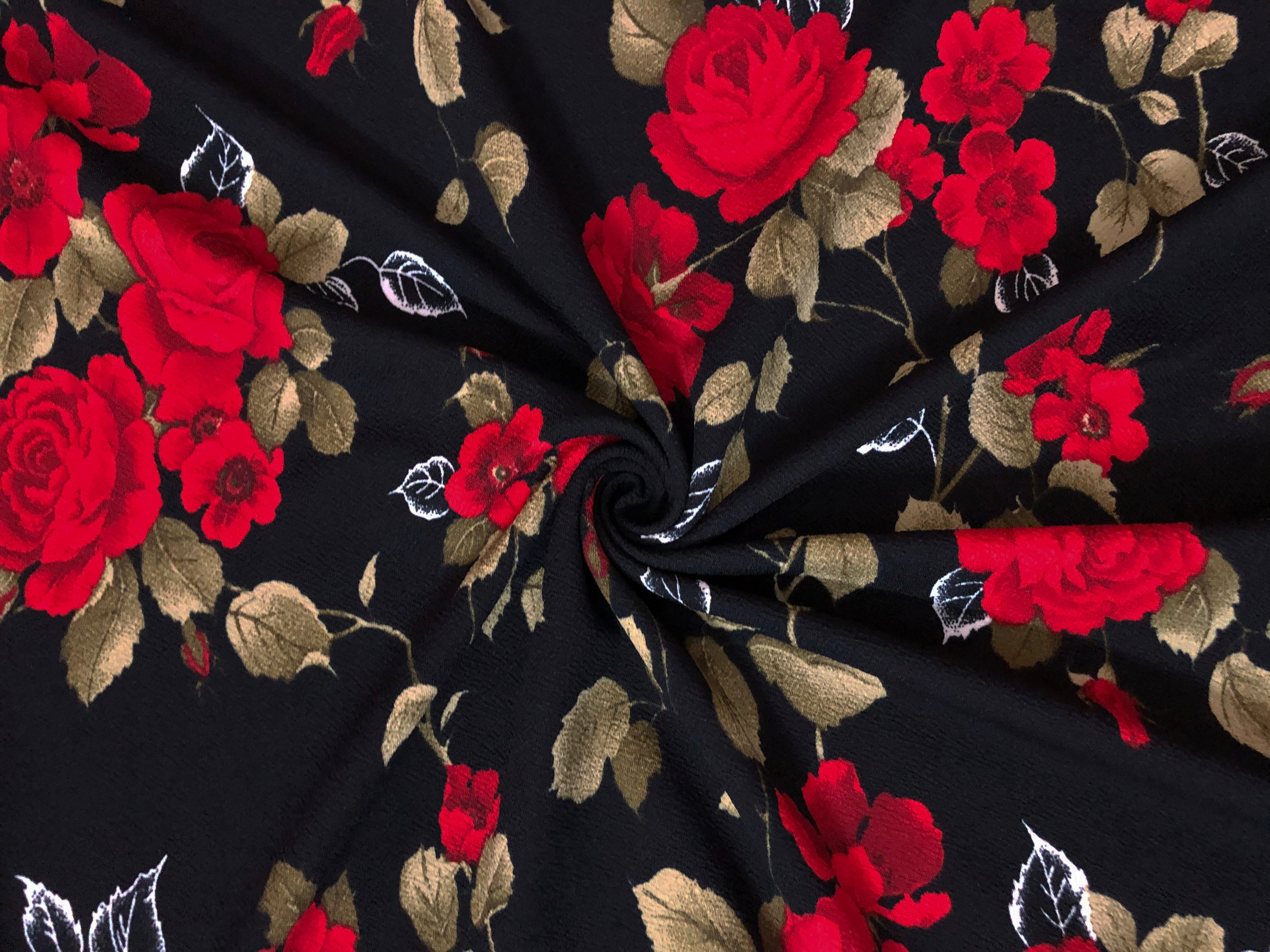Liverpool Knit – Vibrant Red Antique Rose Vine on Black – 4-Way Stretc ...