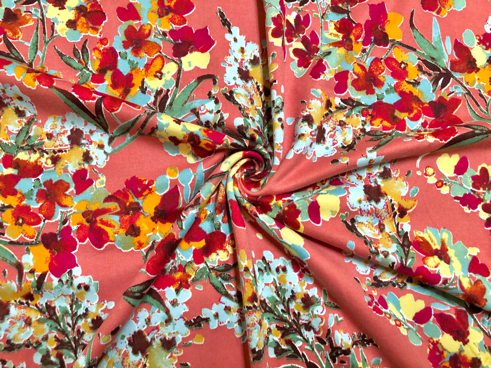 DTY Brushed Knit Fabric – Coral Fiesta Blossom – 4-Way Stretch, 58" Wi ...
