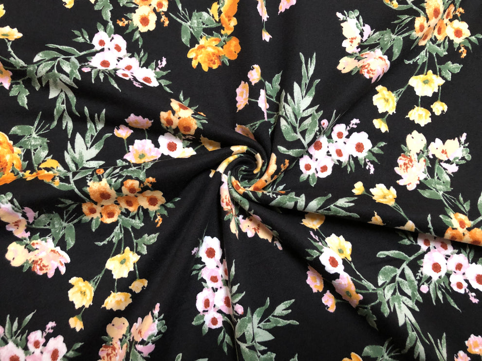 DTY Brushed Knit Fabric – Midnight Wildflower Bouquet –4-Way Stretch ...