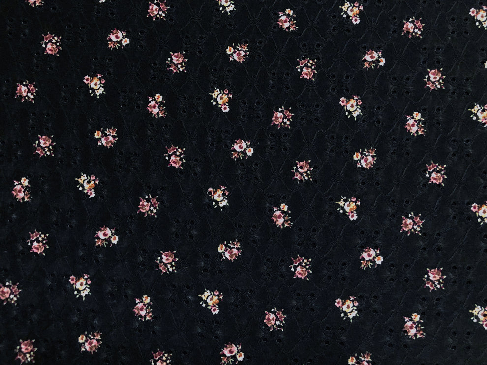 DTY Eyelet Knit Fabric – Midnight Rosebud Lattice – 4-Way Stretch, 58 ...