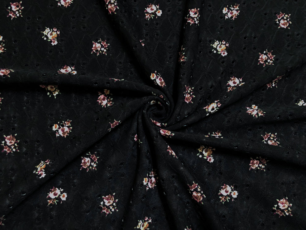 DTY Eyelet Knit Fabric – Midnight Rosebud Lattice – 4-Way Stretch, 58 ...